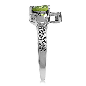 Silvershake Natural Heart Shape Peridot 925 Sterling Silver Irish Claddagh and Triquetra Celtic Knot Ring Size 11