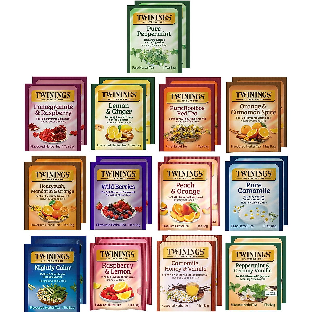 Twinings Herbal Tea Variety Pack - Decaf Tea Sampler - 26 Individually Wrapped Herbal Tea Bags, Pure Peppermint, Camomile, Rooibos Red, Honeybush Mandarin Orange, Plus 9 More Flavors