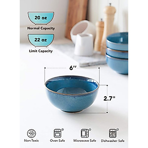 LE TAUCI Cereal Bowls 6 Inch, Ceramic Bowl Set for Soup, Dessert, Fruits, Salad, Noodle, Ramen, 22 Ounce Bowls for Kitchen, Set of 4, Ceylon blue