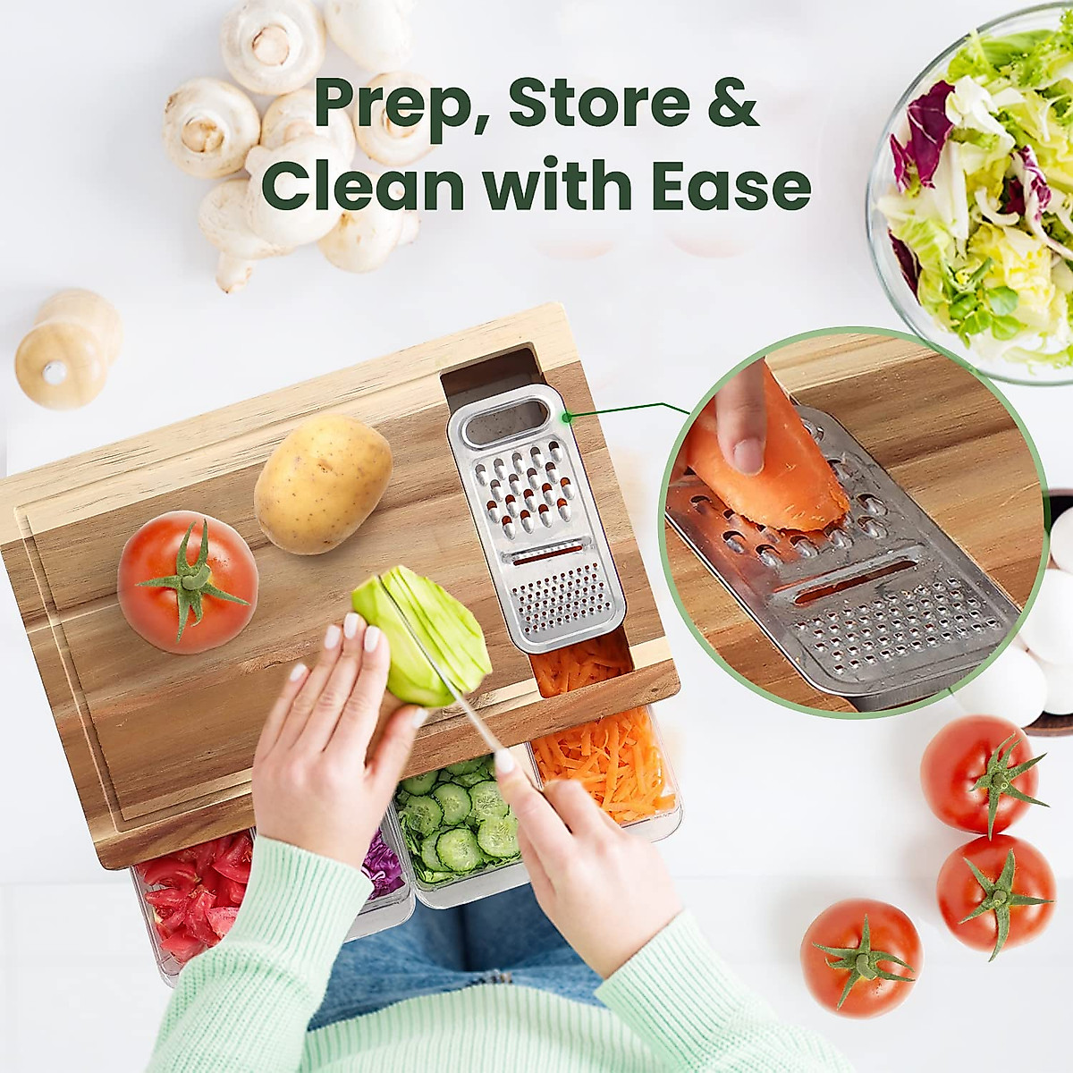 Acacia Wood Cutting Board with Containers & Lids, 3in1 Grater and bonus Bamboo Phone and Tablet Holder by SWILLT-Large Acacia Wood Chopping Board with 4 Storage Trays, Food Prep Cleanup, Juice Groove