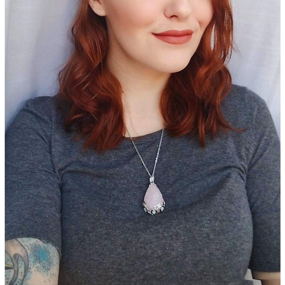 KISSPAT Natural Teardrop Rose Quartz Pendant Necklace on 20" Stainless Steel Chain