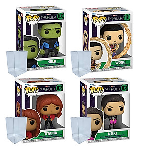 She-Hulk Funko Pop Set of 4 with Protector Bundle - Includes Hulk #1130, Wong #1131, Titania #1132 and Nikki #1133 Vinyl Figures with 4 Blue Salamander Emporium Plastic Protector Cases