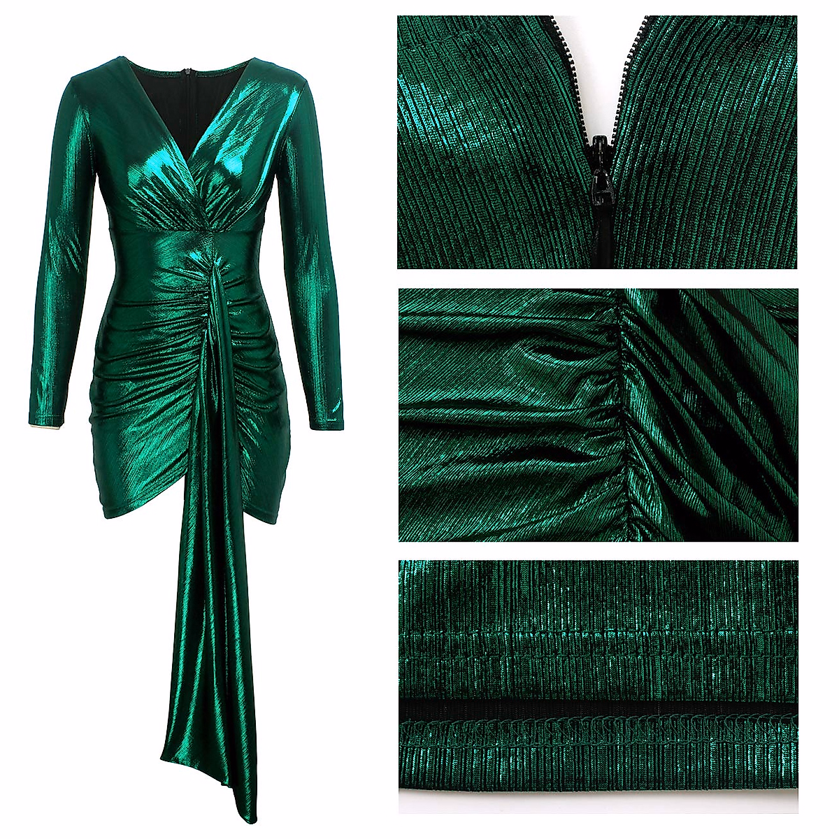 BestGirl Women's Sexy Dress Deep V Neck Long Sleeve Ruched Sparkly Bodycon Club Mini Dresses (3X-Large, Green)