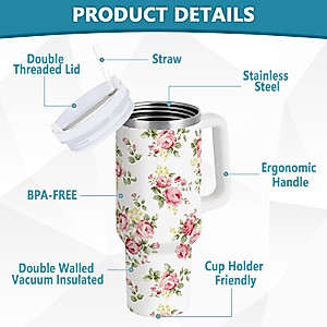 Joisal Rose Flower Floral Coffee Tumbler 40 Oz Coffee Cups with Handle and Straw Lid
