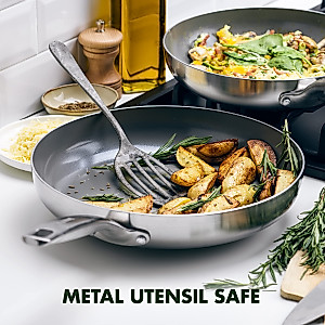 GreenPan Chatham Tri-Ply Stainless Steel Healthy Ceramic Nonstick 11" Frying Pan Skillet with Lid, PFAS-Free, Multi Clad, Induction, Dishwasher Safe, Oven Safe, Silver