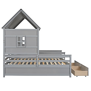 BOVZA Double Beds for 2 Kids, Twin Size House Platform Beds with Two Storage Drawers, Roof and Windows, Boy and Girl Shared Beds, Combination of 2 Side by Side Twin Size Beds, Gray