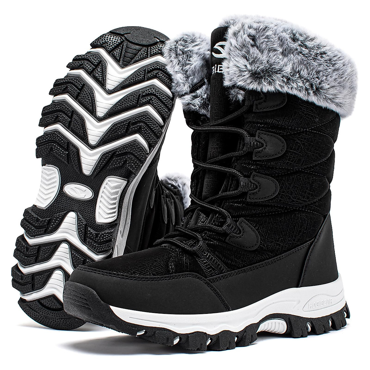 HOBIBEAR Boys Girls Winter Snow Boots Waterproof Insulated Faux Fur Lined Mid-Calf Booties (Black/New,4 Big Kid)