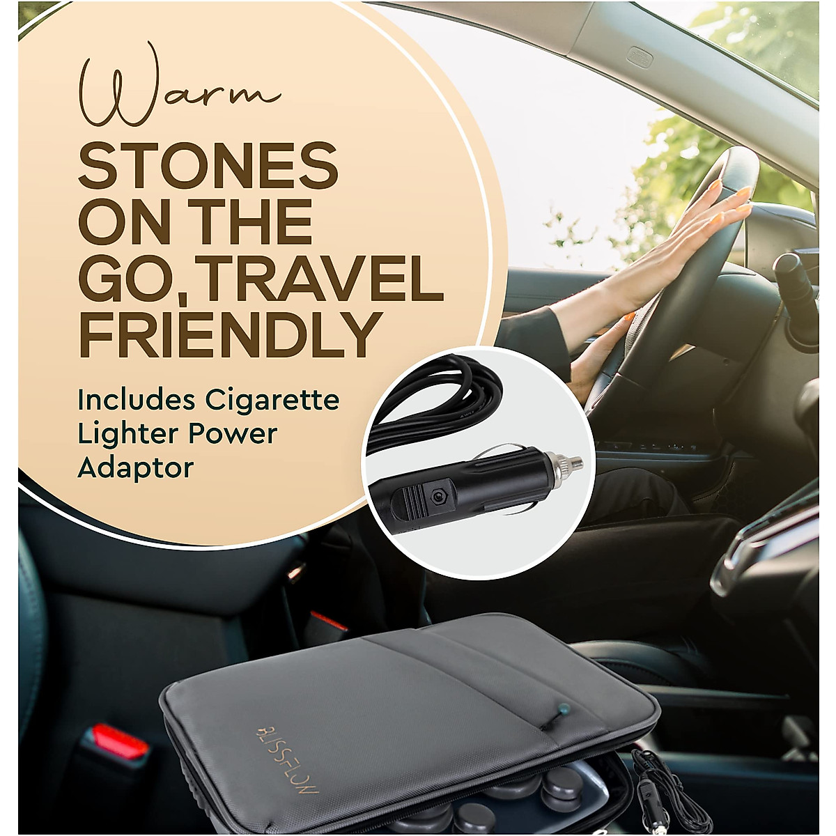 BlissFlow Massage Stone Warmer Set - Portable Heater Travel Carrying Bag - 12 Basalt Massage Heating Stones - Electric & Digital Control Stone Warmer