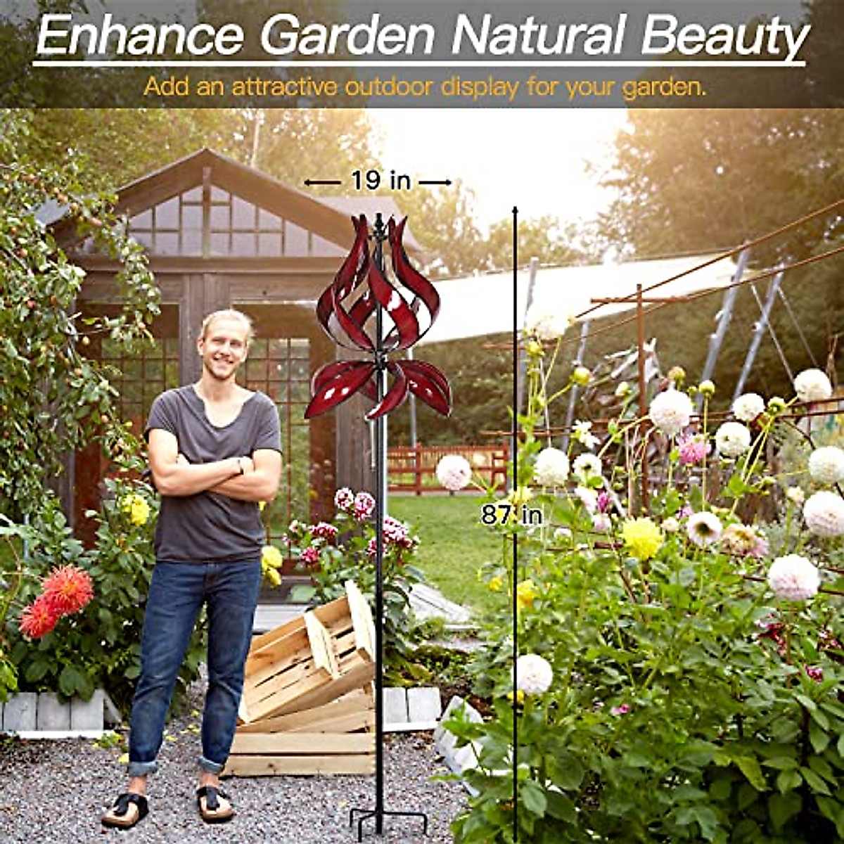 Cyan Oasis Yard Garden Wind Spinners - Large Outdoor Metal Wind Spinners with Stake, Yard Art Lawn Garden Decor (19" W x 87" H)