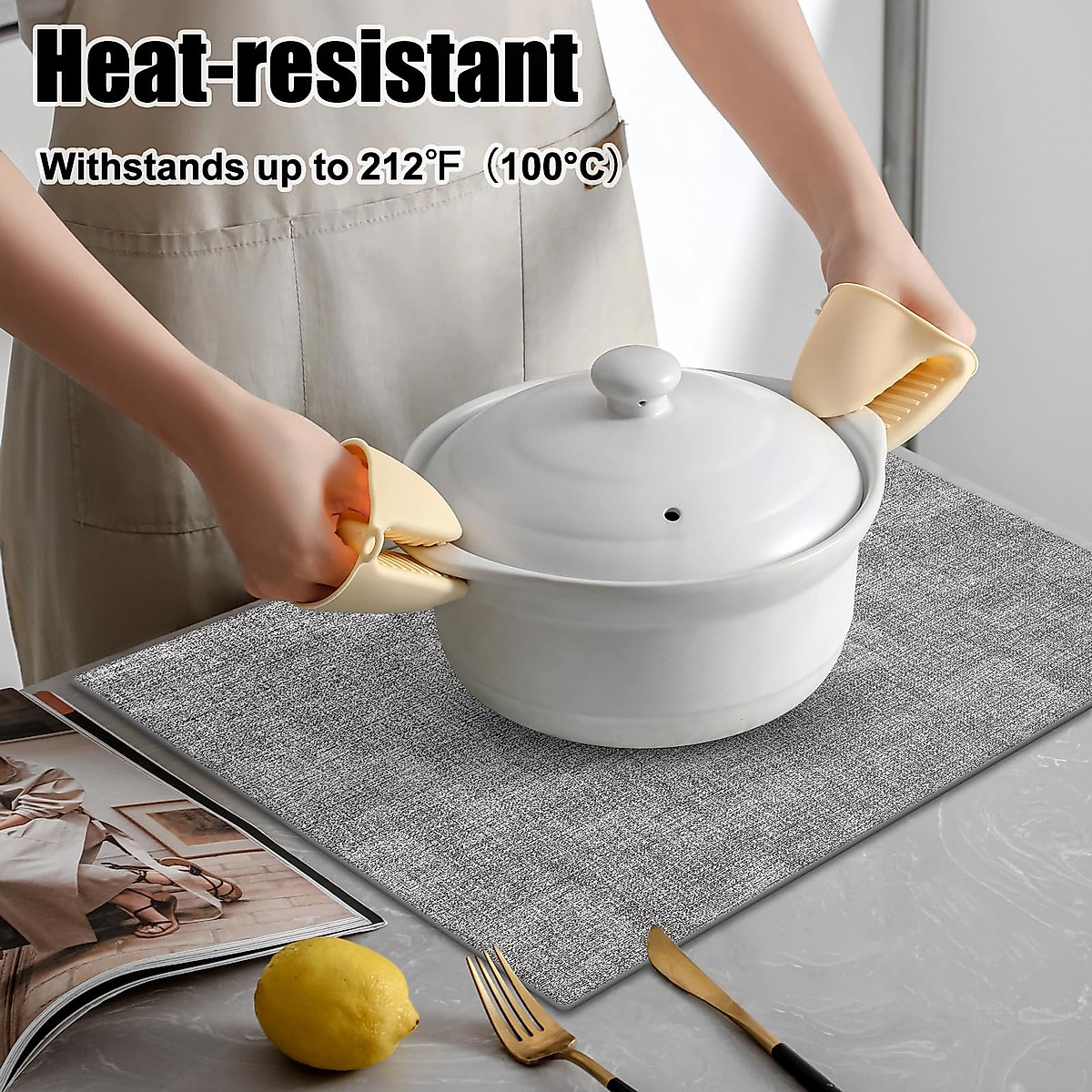 Homaxy Faux Leather Heat Resistant Placemats for Dining Table Set of 6, Waterproof Wipeable Washable PU Table Mats, Easy to Clean Anti-Slip Place Mats, 11.8" x 17", Light Grey