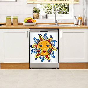 Dishwasher Magnet Cover Mexican Sun with Ornamental Flowers Traditional Decorative Object Magnetic Refrigerator Stickers Decorative Appliance Cover Fridge Panels Metal Door Garage 23x26in