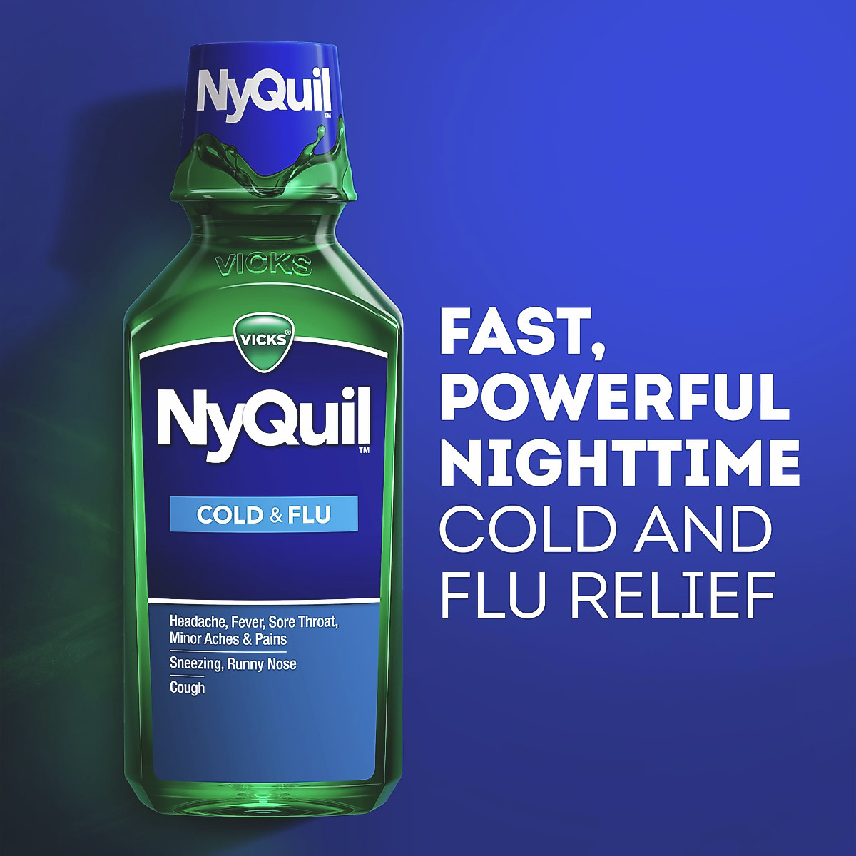 Vicks NyQuil, Nighttime Cold & Flu Symptom Relief, Relives Aches, Fever, Sore Throat, Sneezing, Runny Nose, Cough, 12 Fl Oz, Original Flavor