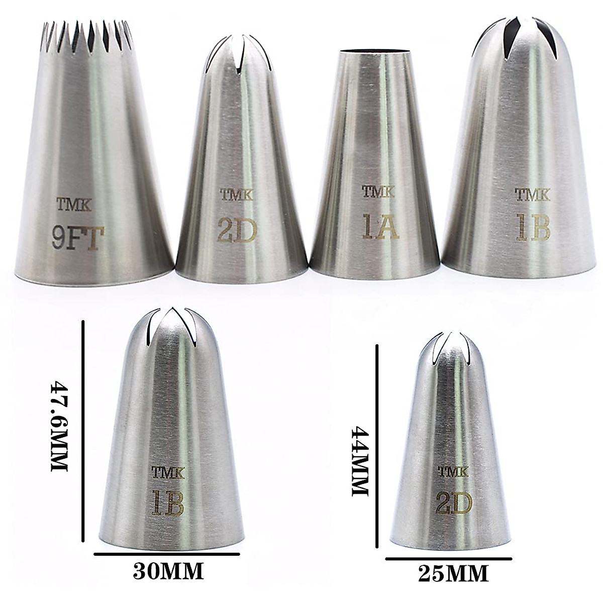 Tumenque 4 Pack Stainless Steel Seamless Piping Icing Tips #9FT 1B 2D 1A, Large Star Piping Nozzle, Cake Decorating Tools for Baker