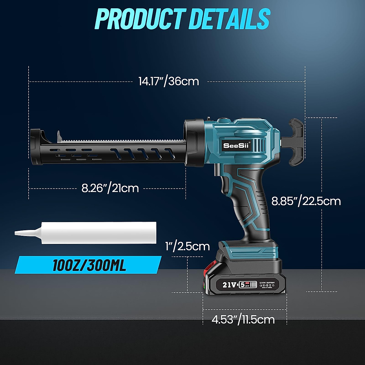 Seesii Cordless Caulking Gun, 21V Battery Powered Caulk Gun w/2 x 2.0AH Batteries, Electric Caulking Gun w/LED Light, 4 Speeds, Auto Retract, Adhesive Gun Kit for Filling, Sealing