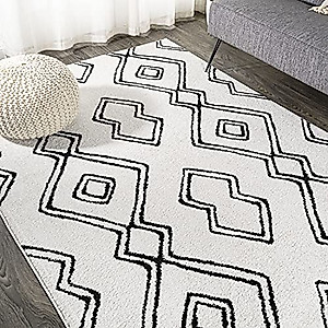 JONATHAN Y MOH401A-5 Deia Moroccan Style Diamond Shag Indoor Area-Rug Bohemian Geometric Easy-Cleaning Bedroom Kitchen Living Room Non Shedding, 5 X 8, White/Black