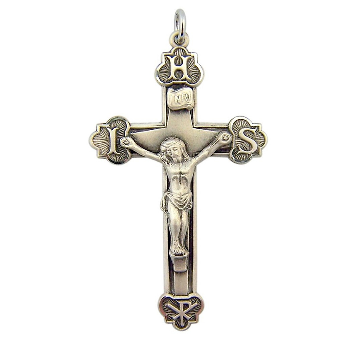 HMHReligiousMfg Sterling Silver Crucifix with IHS and Chi Rho Cross Design, 1 7/8 Inch