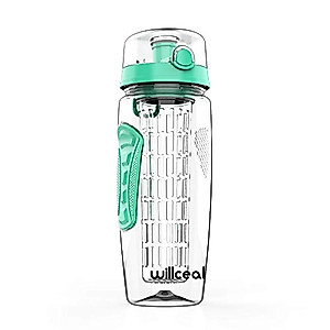 Fruit Infuser Water Bottle 32oz Willceal- Durable, Large - BPA Free Tritan, Flip Lid, Leak Proof Design - Sports, Camping (Mint)