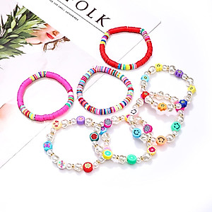 XOCARTIGE Beaded Stretch Bracelets for Women Colorful Clay Fruit Happy Face Bead Bracelet Rainbow Heishi Bracelet Set Stackable Pearl Y2K Bracelets Summer Beach Accessory (7PCS Happy Face Bracelet)