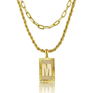 Tasiso 14K Gold Layered Initial Pendant Necklace Layering Paperclip Chain Choker Necklace for Women Dainty Square A-Z Alphabet Letter Necklace Jewelry Gifts M