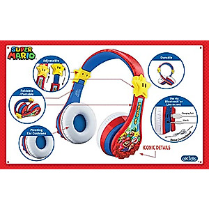 eKids Super Mario Wireless Bluetooth Portable Kids Headphones with Microphone, Volume Reduced to Protect Hearing Rechargeable Battery, Adjustable Kids Headband for School Home or Travel