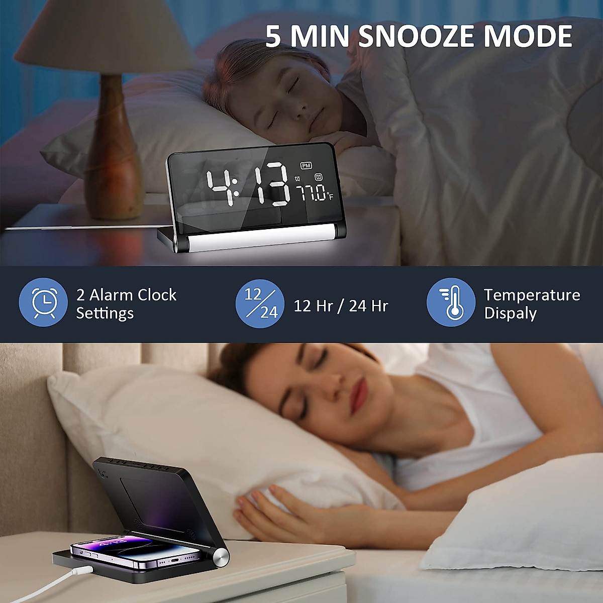 3 in 1 Alarm Clock, Digital Alarm Clock with Wireless Charging, 3 Colors Night Light, Large Display, Foldable Alarm Clocks for Bedrooms, Cool Stuff Alarm Clock