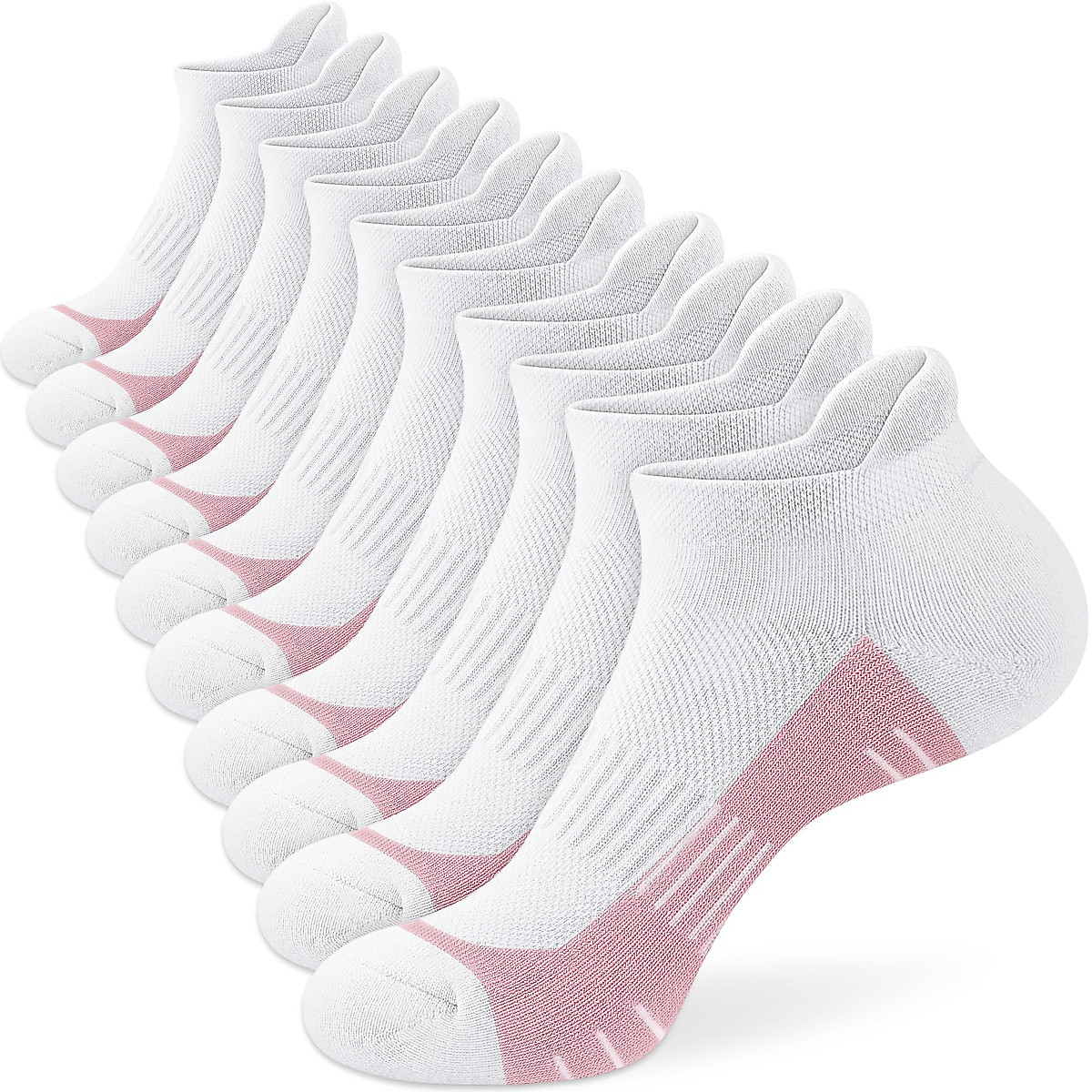 cuangya Performance Ankle Socks Women with Heel Tab for Running Athletic White Socks Pink Low Cut Cushioned 5-Pairs
