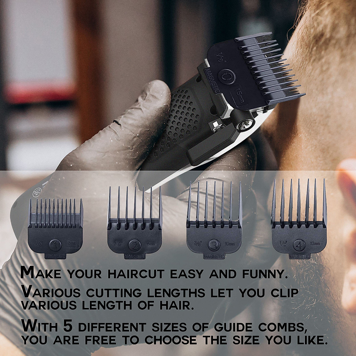Caliber Magnetic Cutting Guards Set - Professional Hair Cut Clippers Tool - 5 Piece Universal Grooming Guards Replacement - Black Attachment Guide Comb for Precise Hair Cutting and Trim Length