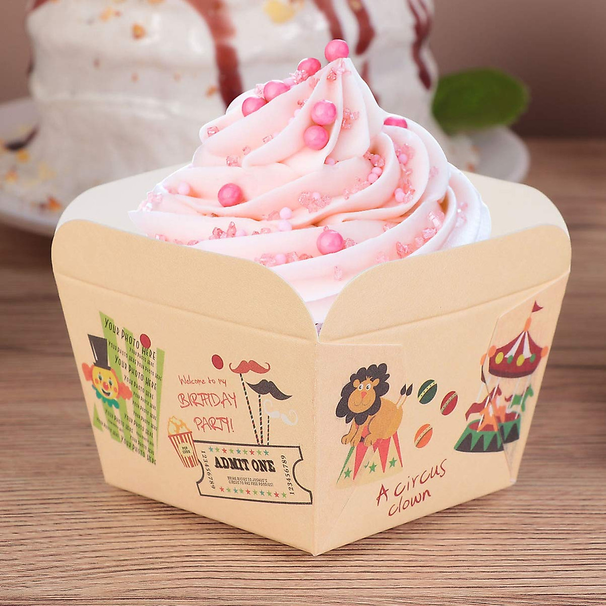 TOYANDONA 100pcs Paper Baking Cup Small Square Cake Wrappers Cupcake Liners Desserts Holders Muffin Cases for Weddings Birthdays Baby Shower (Cartoon Circus)