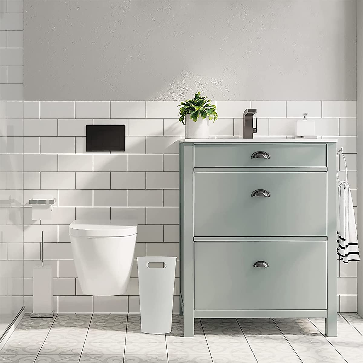 LOSYHU 2 Pack Small Narrow Trash Can with Handles 3.2 Gallon/12 L White Slim Waste Basket Office Narrow Garbage Bin Slim Garbage Container Bin Fits Bathroom, Under Desk, Home