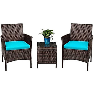 Devoko Patio Porch Furniture Sets 3 Pieces PE Rattan Wicker Chairs with Table Outdoor Garden Furniture Sets (Brown/Blue)