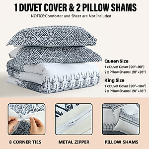 DUOMING Boho Duvet Cover King - 100% Cotton Duvet Cover King Size, White Blue Duvet Cover King with Zipper Closure & 8 Ties, 3 Piece 90x104 Bohemian Duvet Cover Set