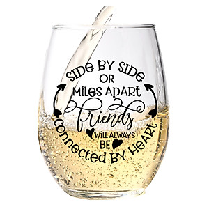 Vivid Ventures Best Friend Wine Glass With Friendship Saying Side By Side Or Miles Apart Best Friend For Women, Sister, Mom, Grandma, Nana, Her