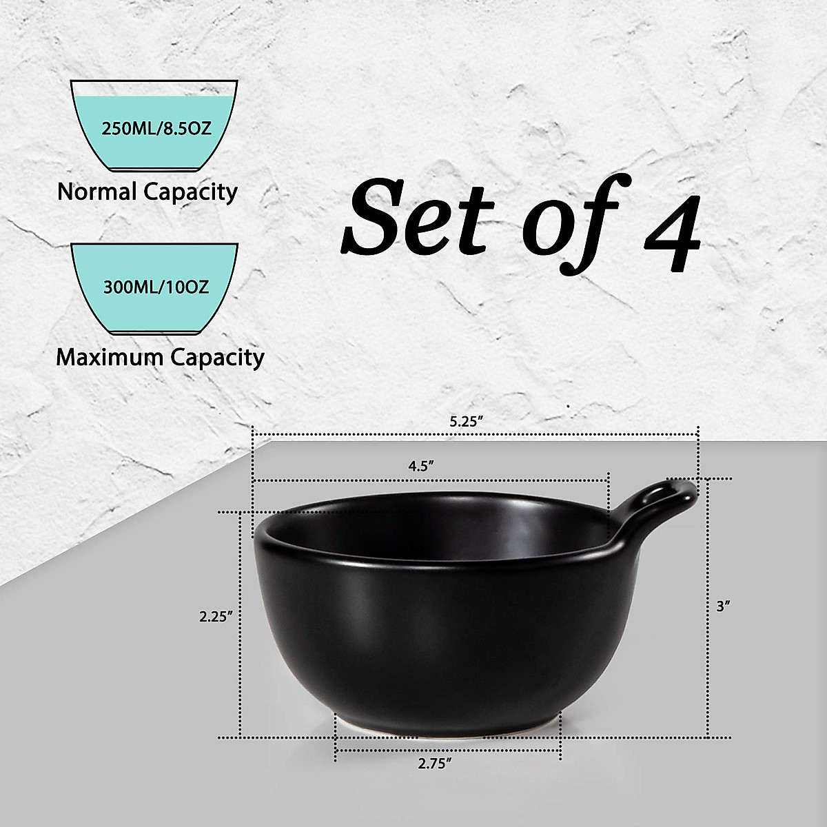 Hoxierence - 10 Oz Matte Ceramic Dessert Bowl, Small Side Dishes for Ice Cream Bowl, Appetizer, Dip, Set of 4 (Black)