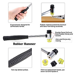 Hilitchi 5 Pcs Upholstery Tools Double-Faced Soft Mallet Tack Hammer with Two Replacement Heads, Decorative Tacks Staple Nails Lifter and Removal Pliers, Hammer Also for Leather, Jewelry Craft Project