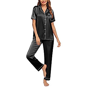 Ekouaer Silk Pajamas Set Satin Button Down Bridesmaid Pajamas Classic Soft Pjs Set(Black,SMALL)