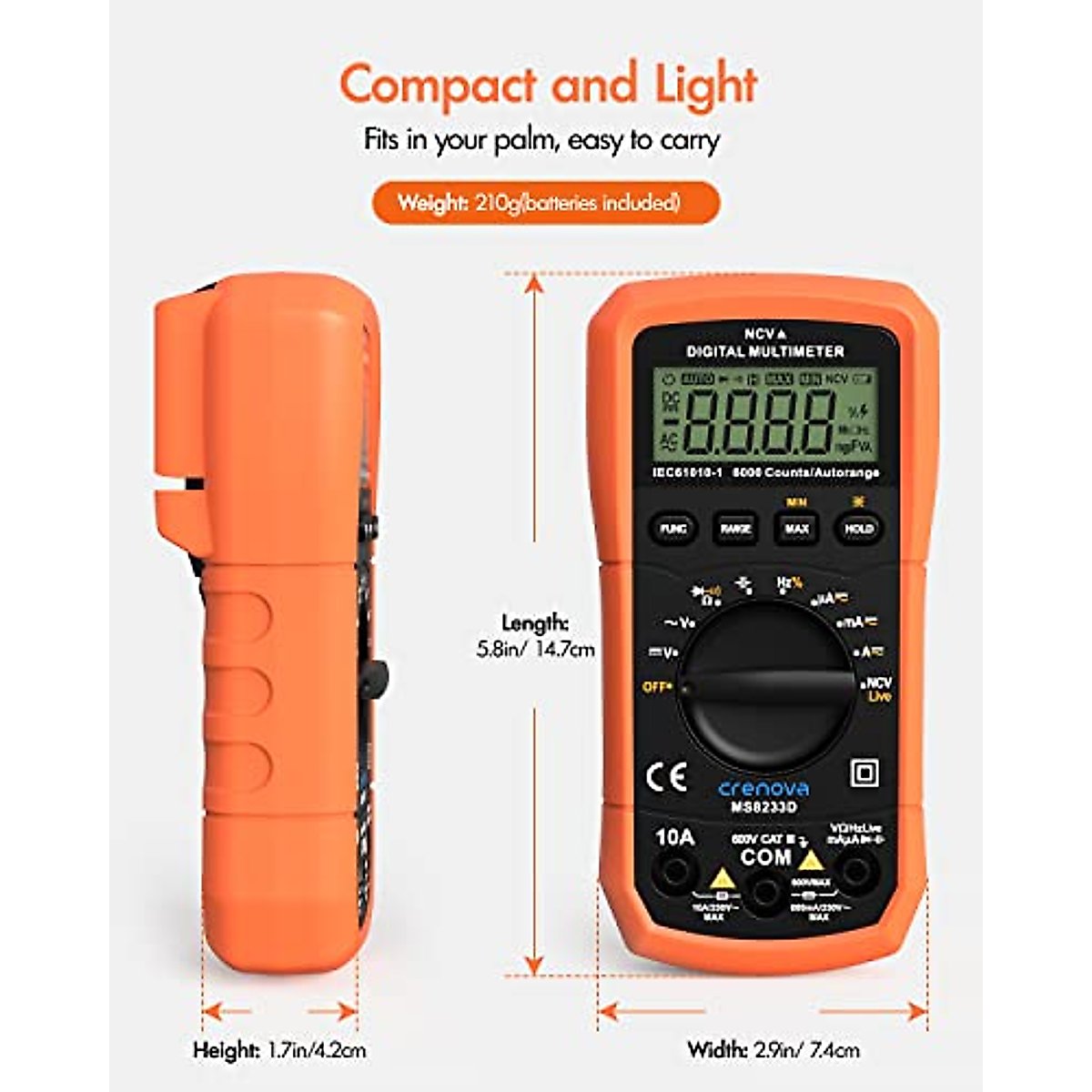 Crenova MS8233D Digital Multimeter 6000 Count Auto-Ranging DC AC Voltmeter Ohm Volt Amp Tester for Voltage Current Resistance Capacitance Continuity Diode Duty-Cycle Frequency NCV Live Wire Test