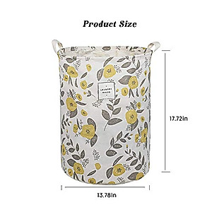 UUJOLY Collapsible Laundry Basket, Laundry Hamper with Handles Waterproof Round Cotton Linen Laundry Hamper Printing Household Organizer Basket, 19.7x15.7 inches, Yellow