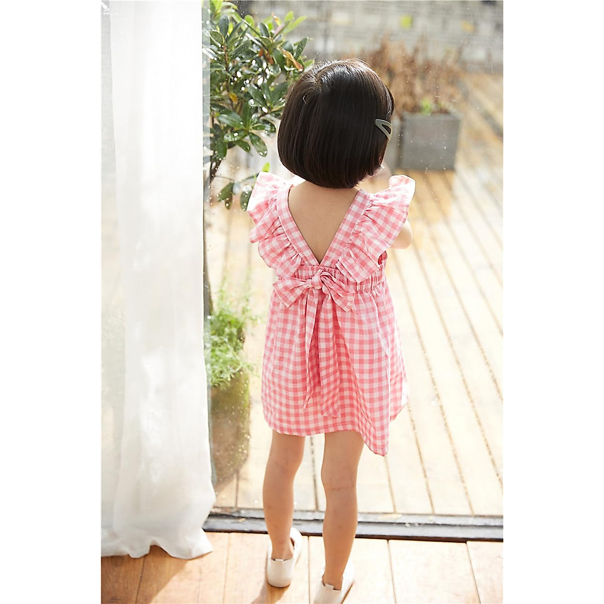 AGQT Baby Girls Plaid Dress Gingham Fly Sleeve Backless Summer Dresses Spring Smocked Birthday Easter Dresses Pink Size 12-18 Months