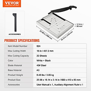 VEVOR Paper Cutter, Guillotine Trimmer, 18" Cut Length, 20 Sheets Capacity, Heavy Duty Guillotine Paper Cutter with Guard Rail/Blade Lock for Cardstock/Cardboard, Paper Trimmer for Home Office School