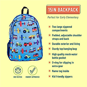 Wildkin 15 Inch Kids Backpack Bundle with Lunch Bag (Trains, Planes & Trucks)