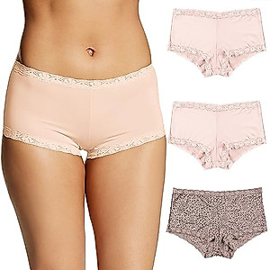 Maidenform Women's Underwear, Microfiber with Lace Boyshort Panties, One Fab Fit, 3-Pack, Sandshell/Sandshell/Iced Mocha Leo Print