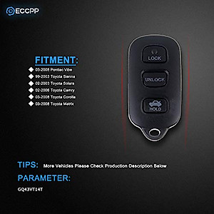 ECCPP Replacement fit for Keyless Entry Remote Key Fob for TOYOTA Sienna Solara Camry Corolla Matrix/Pontiac Vibe GQ43VT14T (Pack of 2)
