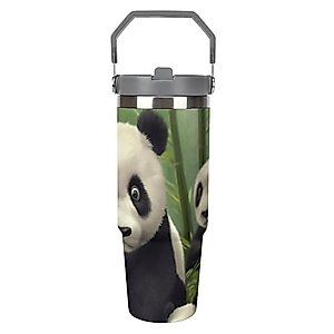 30oz Stainless Steel Insulated Tumbler with Flip Lid & Straw, Leakproof Travel Mug for Car, Cute Panda Double Wall Vacuum Thermal Coffee Cup with Handle, Spill-Proof Design for Hot/Cold Drinks