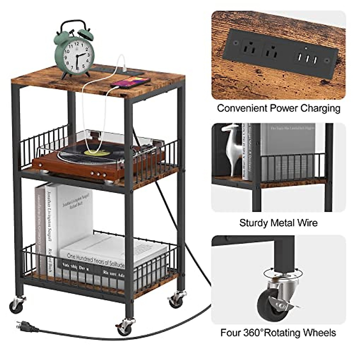 NORCEESAN End Table with Charging Station 3-Tier Side Table with USB Ports and Outlets Nightstand with Wheels Bedside Table with Storage Shelves for Bedroom, Living Room, Rustic Brown