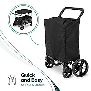 WONDERFOLD X4 Push & Pull Quad Stroller Wagon (4 Seater) Featuring Seats with 5-Point Harnesses, Adjustable Push Handle, and Adjustable/Removable UV-Protection Canopy, Stealth Black
