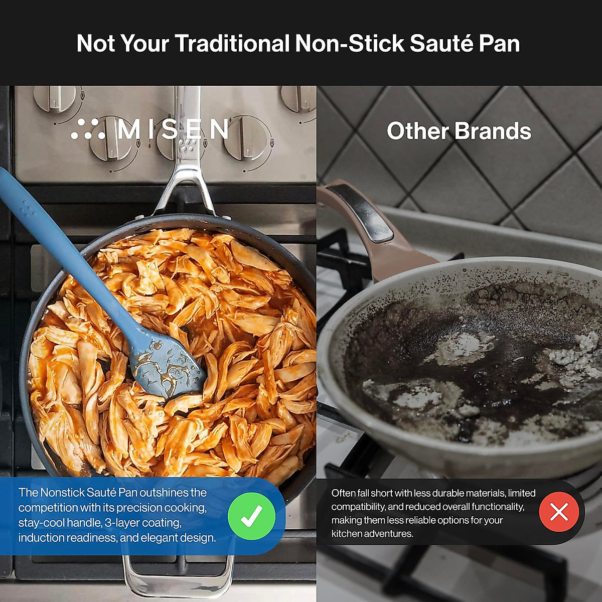 Misen Nonstick Sauté Pan with Lid - 3 QT Deep Frying Pan - Large Nonstick Frying Pan - Glass Lid w/Silicone Rim, Ceramic Outer Coating, Stay Cool Stainless Steel Handles - Versatile Cooking Precision