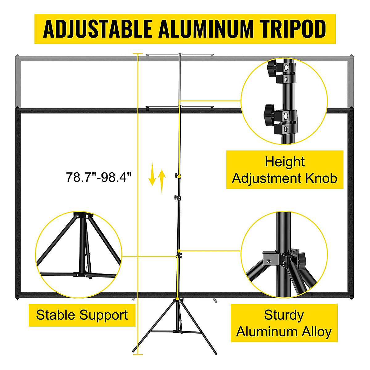 VEVOR Tripod Projector Screen with Stand 70 inch 16:9 4K HD Projection Screen Stand Wrinkle-Free Height Adjustable Portable Screen for Projector Indoor & Outdoor for Movie, Home Cinema, Gaming, Office