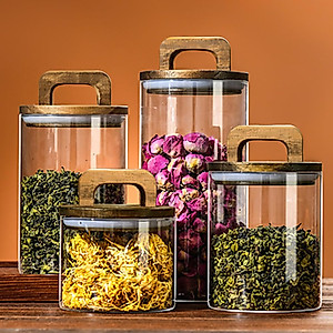 Glass Food Storage Containers, Clear Decorative Organizer Bottle Canister Pantry Jar with Air Tight Wooden Lid, Glass Jar With Lid for Coffee Bean Candy Cookie Noodles Nuts Spices etc, 27oz/800ml