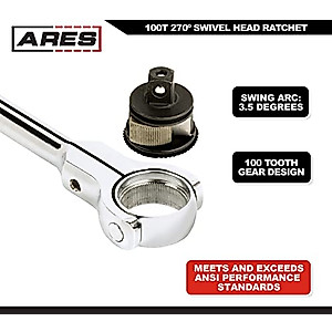 ARES 42022 – 3/8-Inch Drive 100-Tooth Swivel Head Ratchet - 270 Degree Swivel Action - Comfort Grip TPR Handle - Quick-Release Head Design – Chrome Vanadium Steel Construction – Mirror Polish Finish