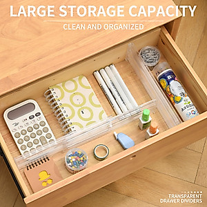 seinlife 6 Pack Plastic Drawer Dividers 3.2" High, 11-19.7" Adjustable Drawer Organizers for Clothes, Expandable Separators in Bedroom/Kitchen/Office Organization and Makeup Cosmetic Storage-Clear